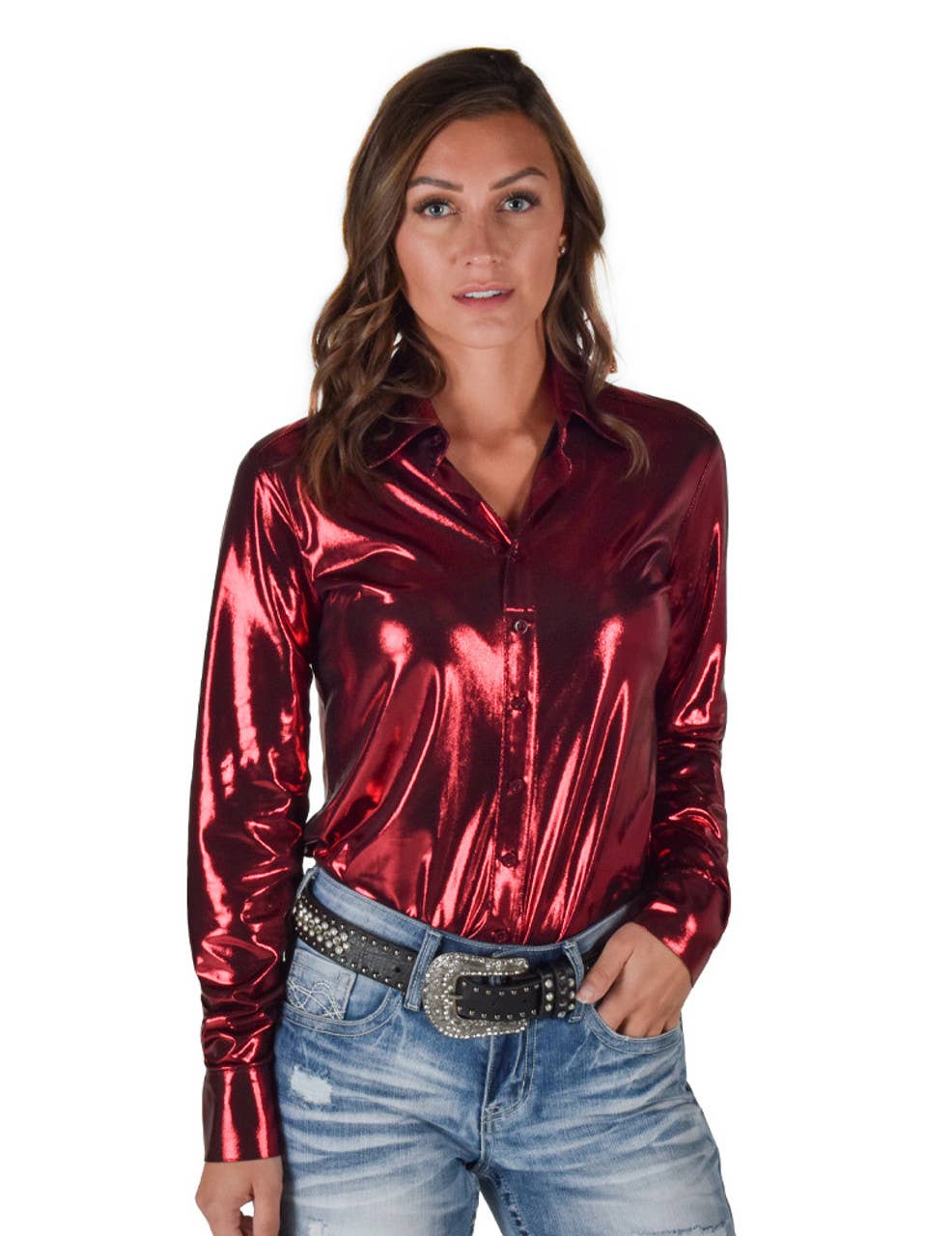Cowgirl Tuff | Chemise Pullover | Red Shiny Metallic Lightweight Jerse ...